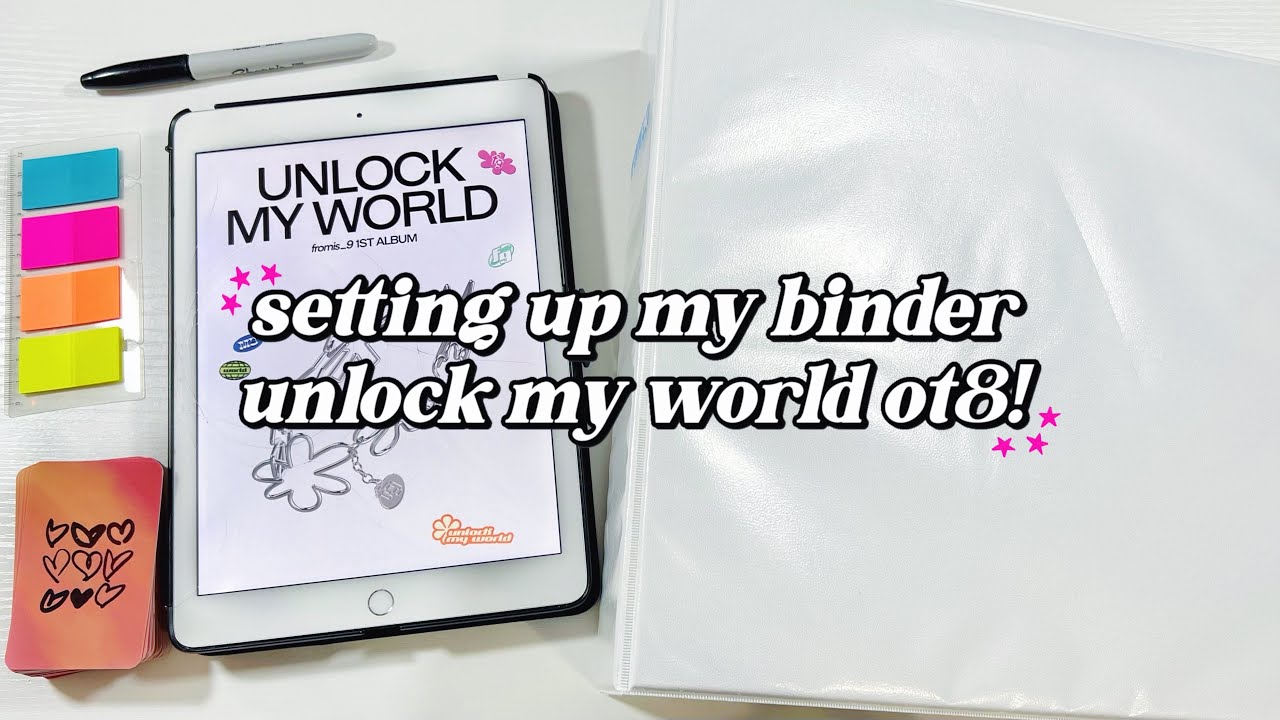 setting up my binder for fromis_9 unlock my world! 🔓 first era collecting ot8!