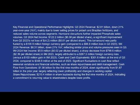 Mosaic Co MOS 5 Minute Earnings Summary 10 Q Analysis January 02, 2025