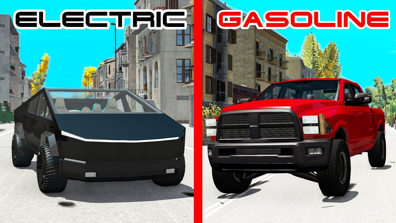 Electric vs Gasoline Car #1 (Tesla Cybertrack, Dodge Ram 1500 - Beamng drive