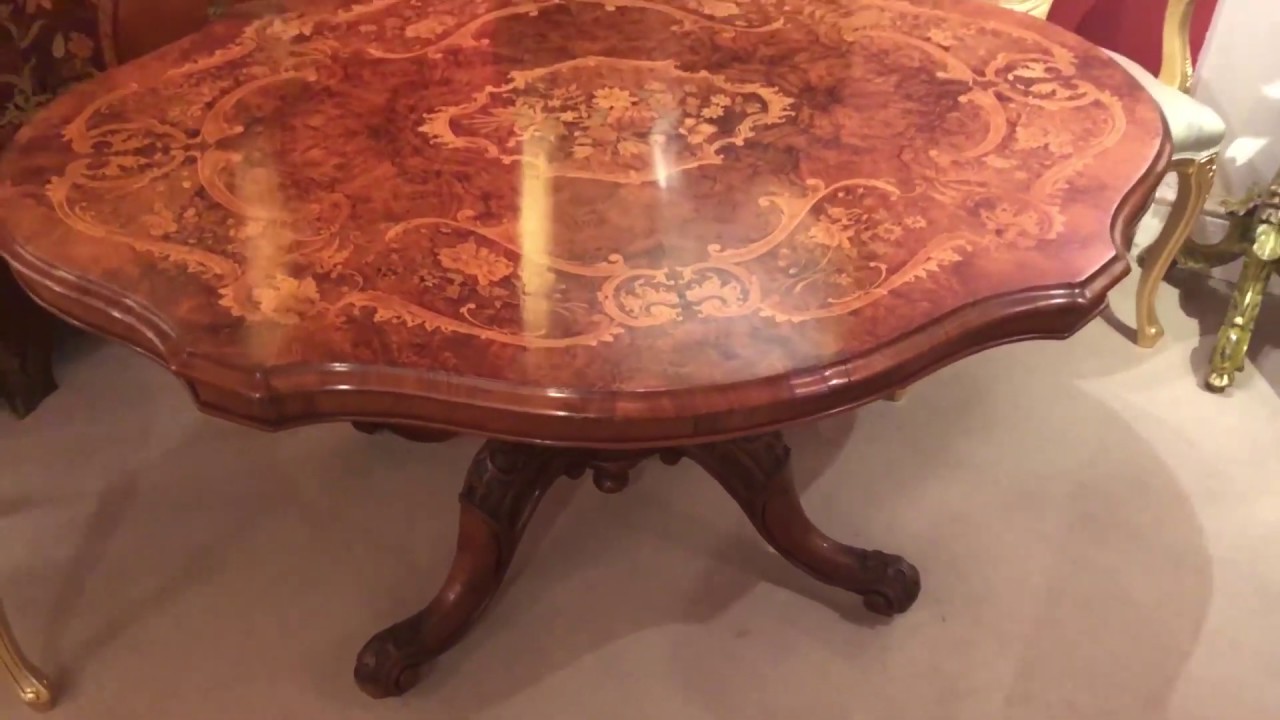 Antique Burr Walnut & Marquetry Shaped Oval Loo Table