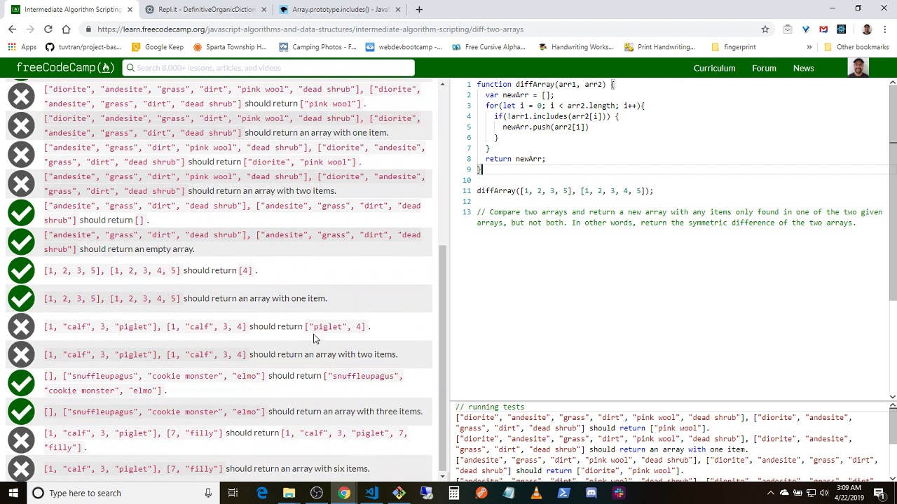 Intermediate Algorithm Scripting - Diff Two Arrays Solution - freeCodeCamp
