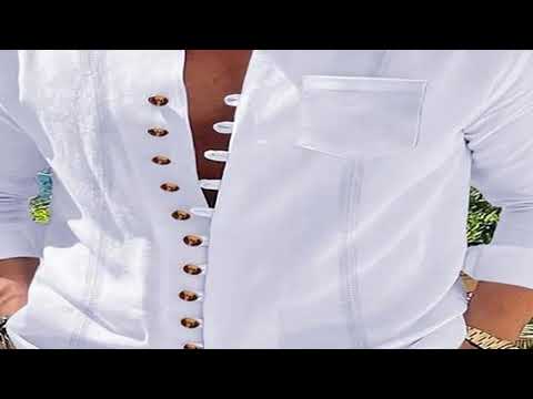 2024 Men's new cotton and linen pocket retro stand-up collar long-sleeved shirt Casual multi-button