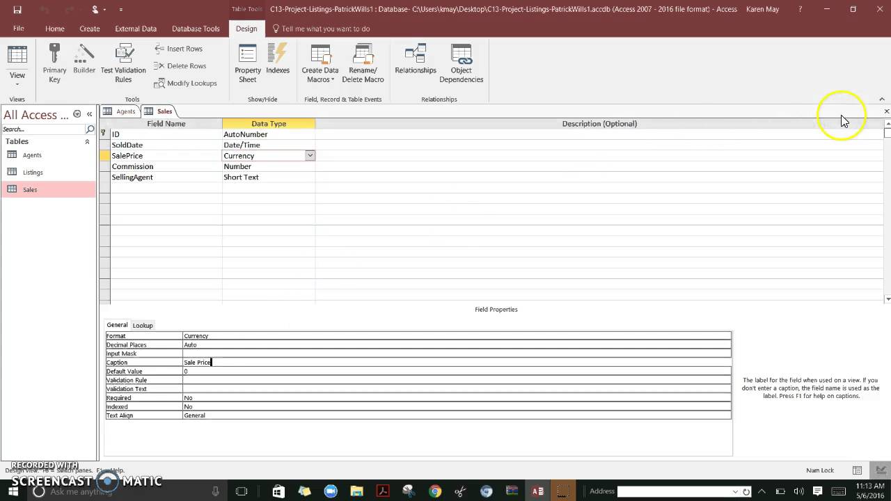 CS 110 Datasheet View and Design View