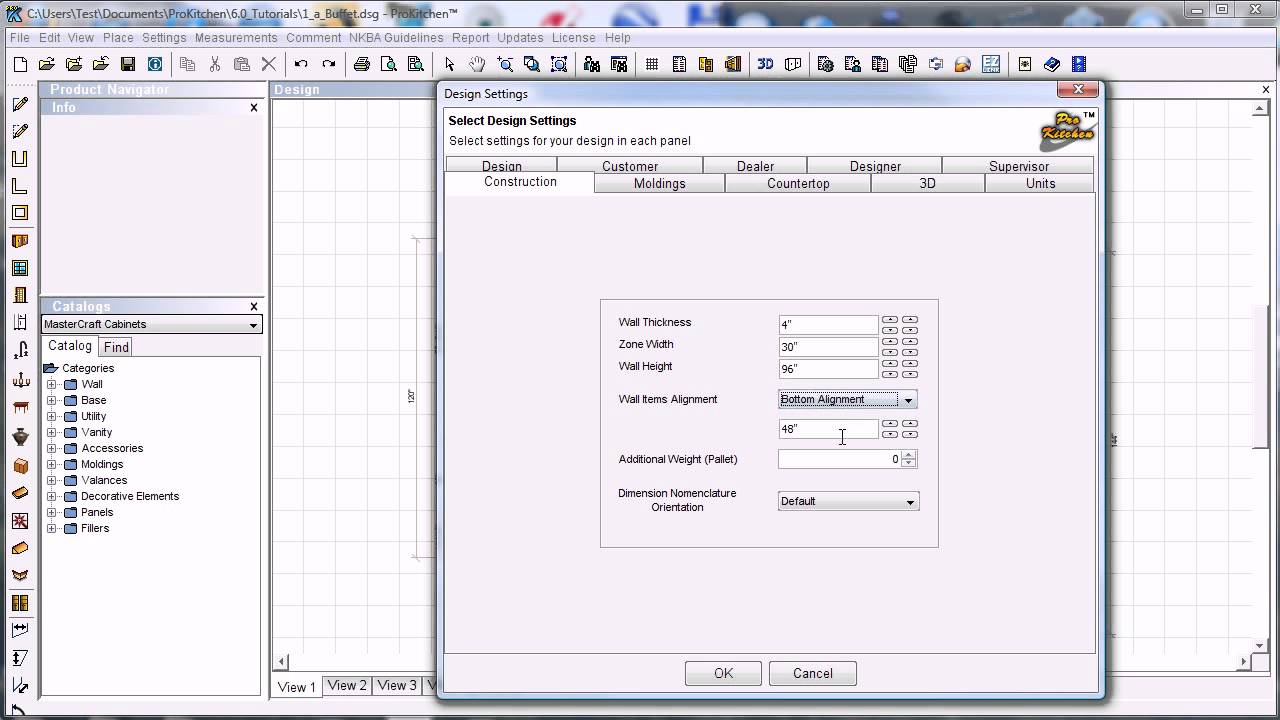 Entering Design Settings in ProKitchen