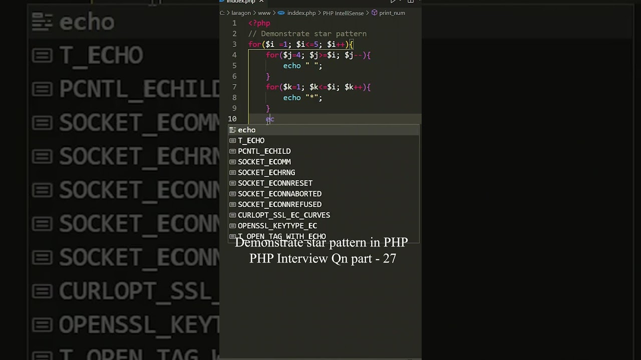 Demonstrate star pattern in PHP || PHP Interview Qn part - 27 #php_interview #shortsfeed #shorts