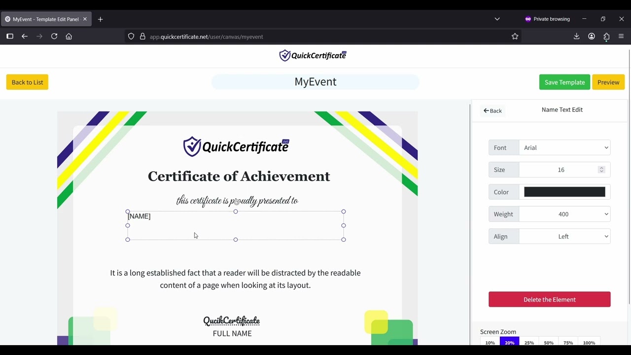 Create certificate template - Quick Certificate