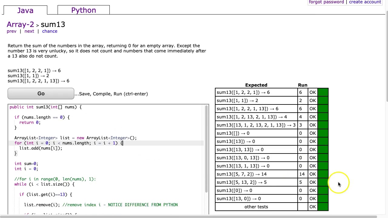 Codingbat Compare (Java/Python) - sum13