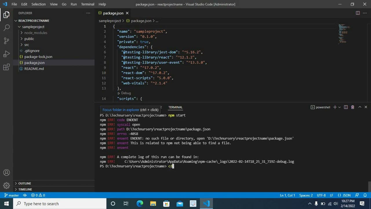 npm start error package json reactjs  react native nodejs error  npm start package json error fixed