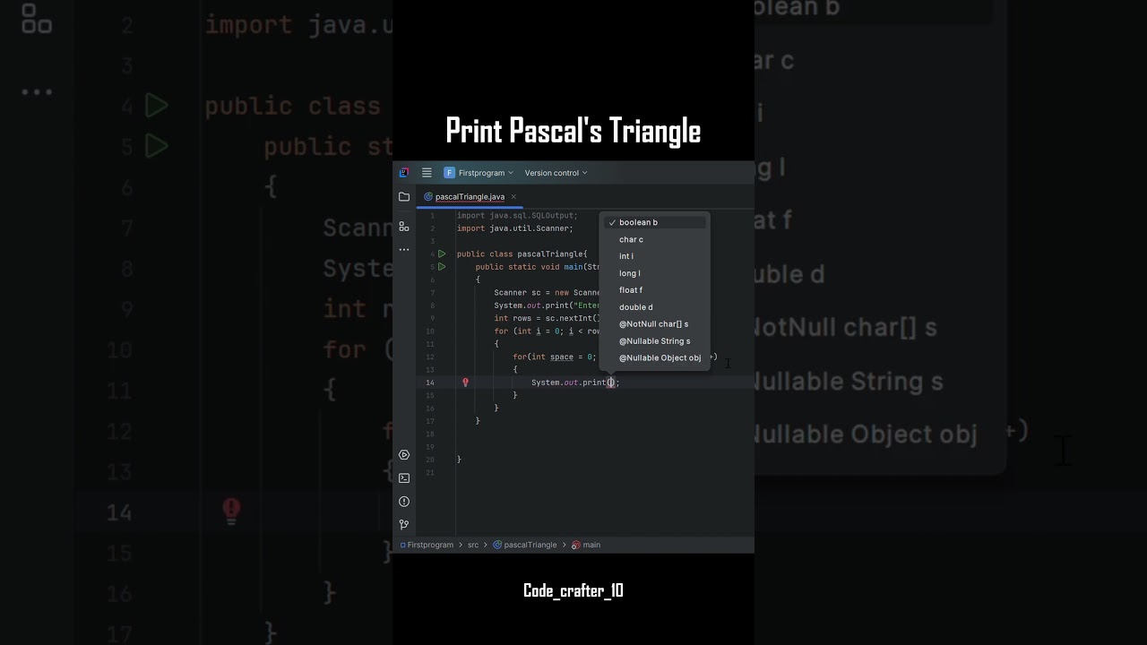 🔺 Pascal’s Triangle in Java | Pattern Printing Program. #javaprogramming #javatutorial #coding