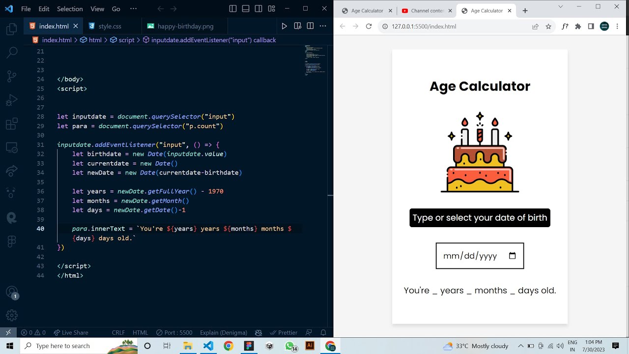 Age Calculator using Html, CSS and JavaScript | Beginner Intermediate web project