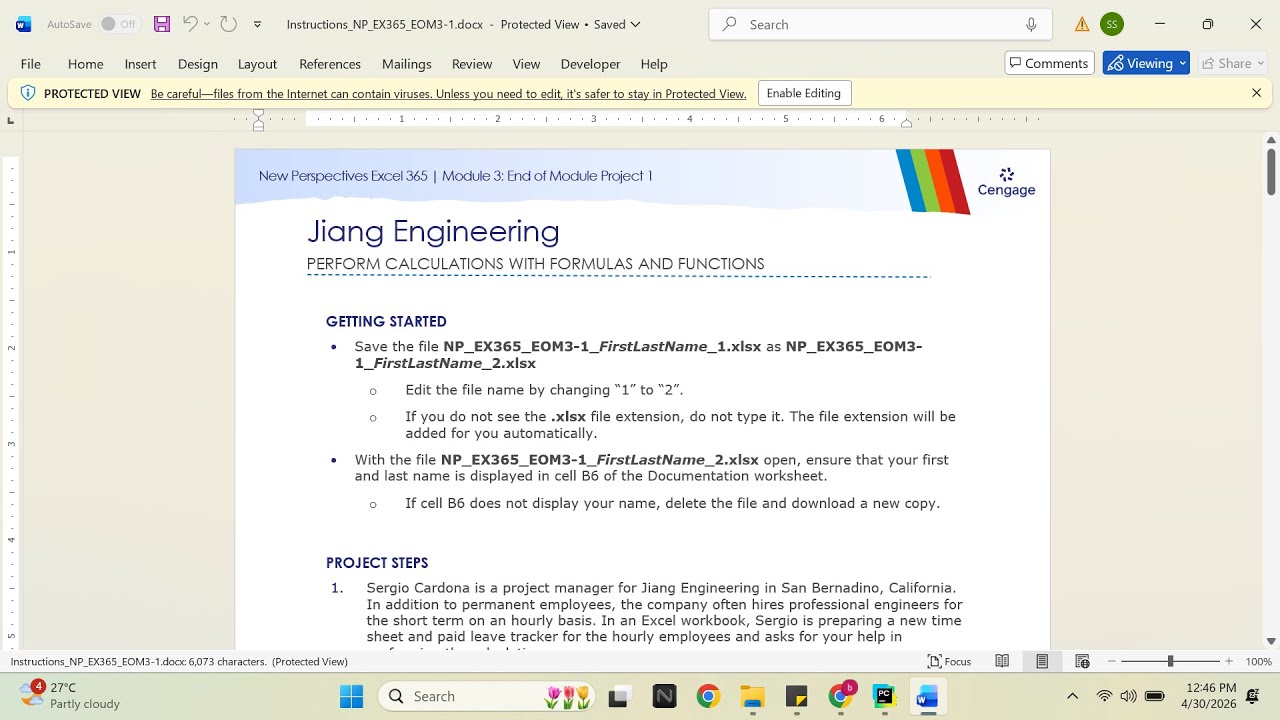 New Perspectives Excel 365 | Module 3: End of Module Project 1 Jiang Engineering