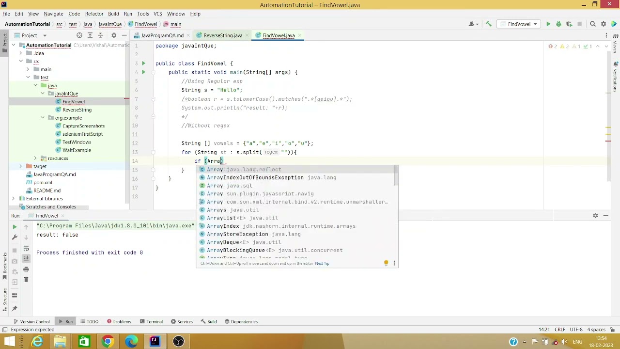 Java Interview questions Automation QA: Find Vowel in a String