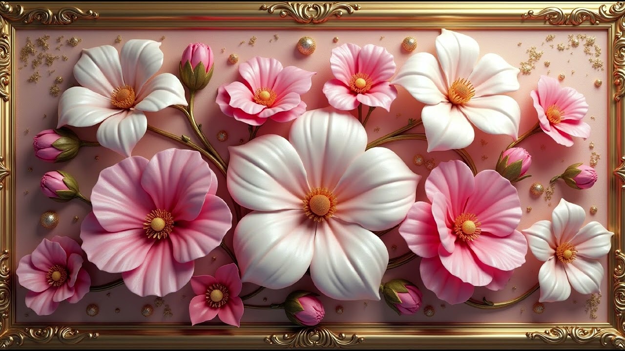 4k Blooming Pink Elegance Floral Art Screensaver Vintage Gold Framed Wallpaper Background Samsung