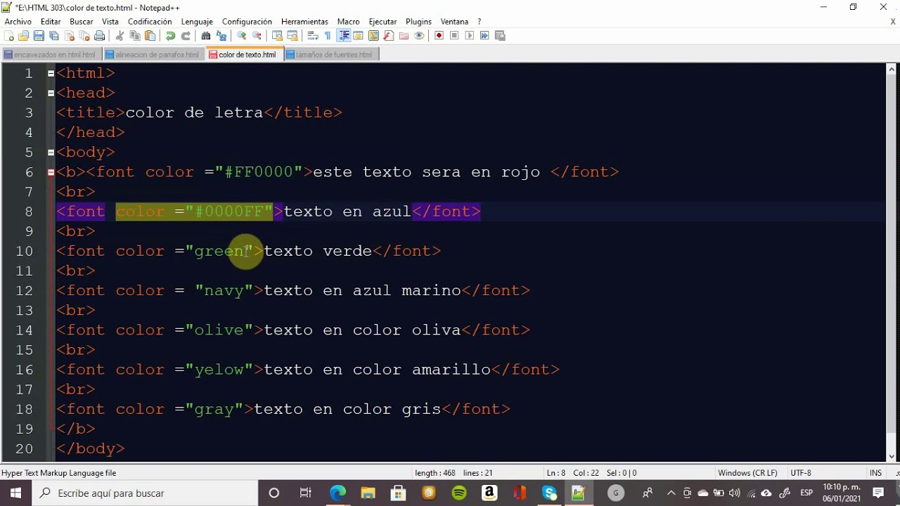 color de fuente con código hexadecimal en html