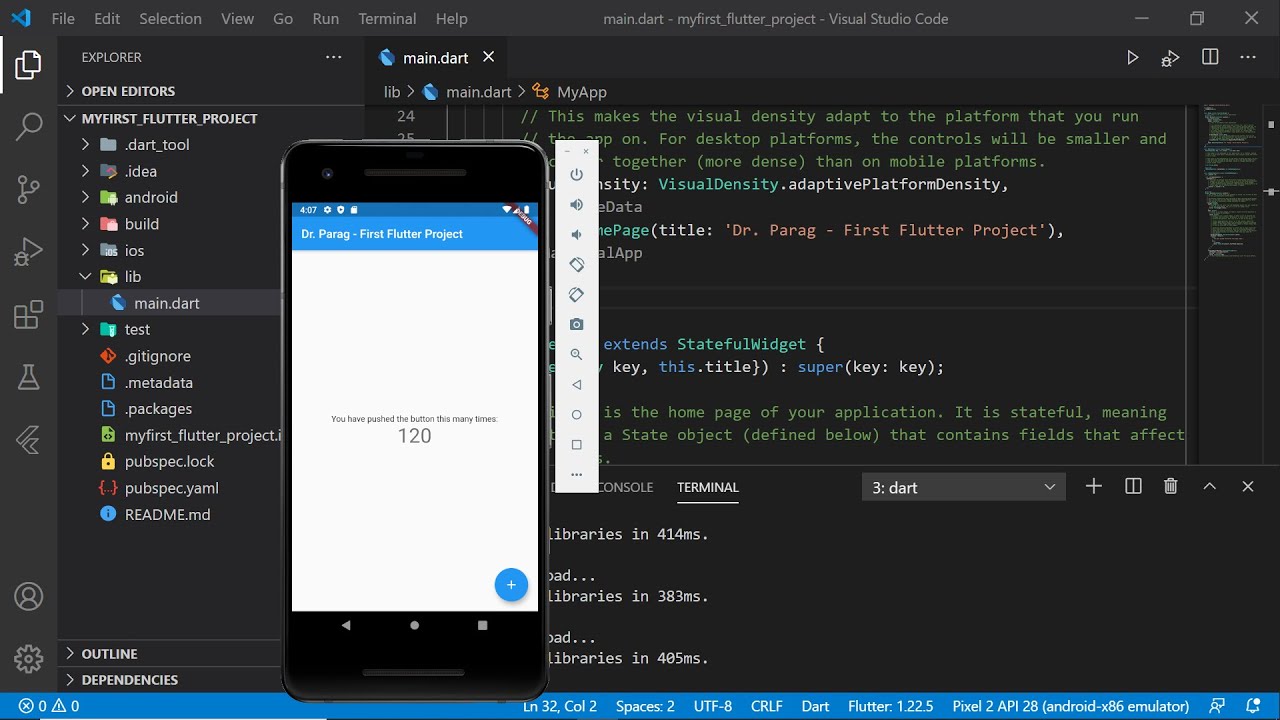 Create, Edit & Test First Flutter Project with Visual Studio Code -Demo with Installation of VS Code
