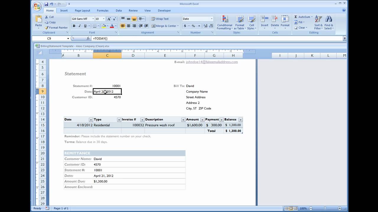 Billing Statement Installed Template in Excel 2007/2010 (Video 2 of 3)