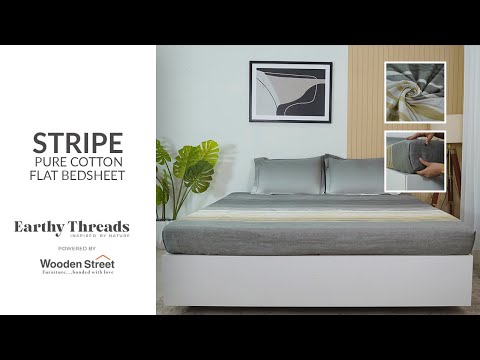 Stripe 300 TC Flat Pure Cotton King Size Bedsheet With 2 Pillow Covers (Grey) | Earthy Threads