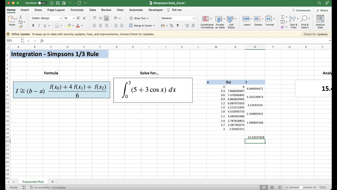 Simpson's 1/3 Rule in Excel