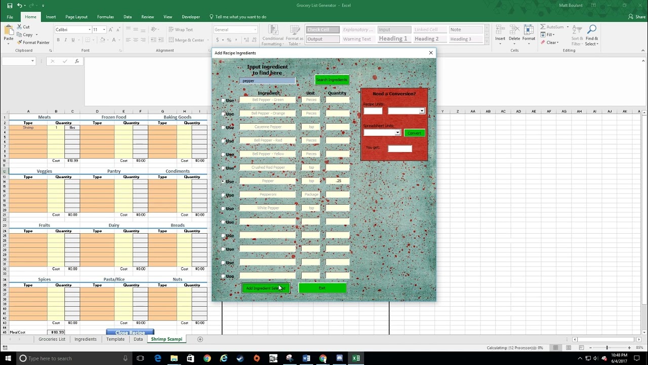 Grocery List Generator 2.0 Tutorial - Excel Version
