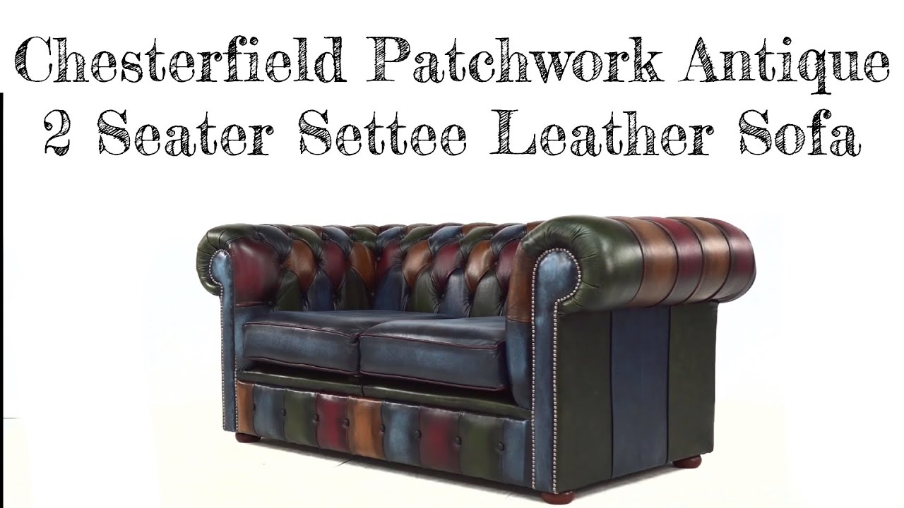 Chesterfield Patchwork Antique 2 Seater Settee Leather Sofa