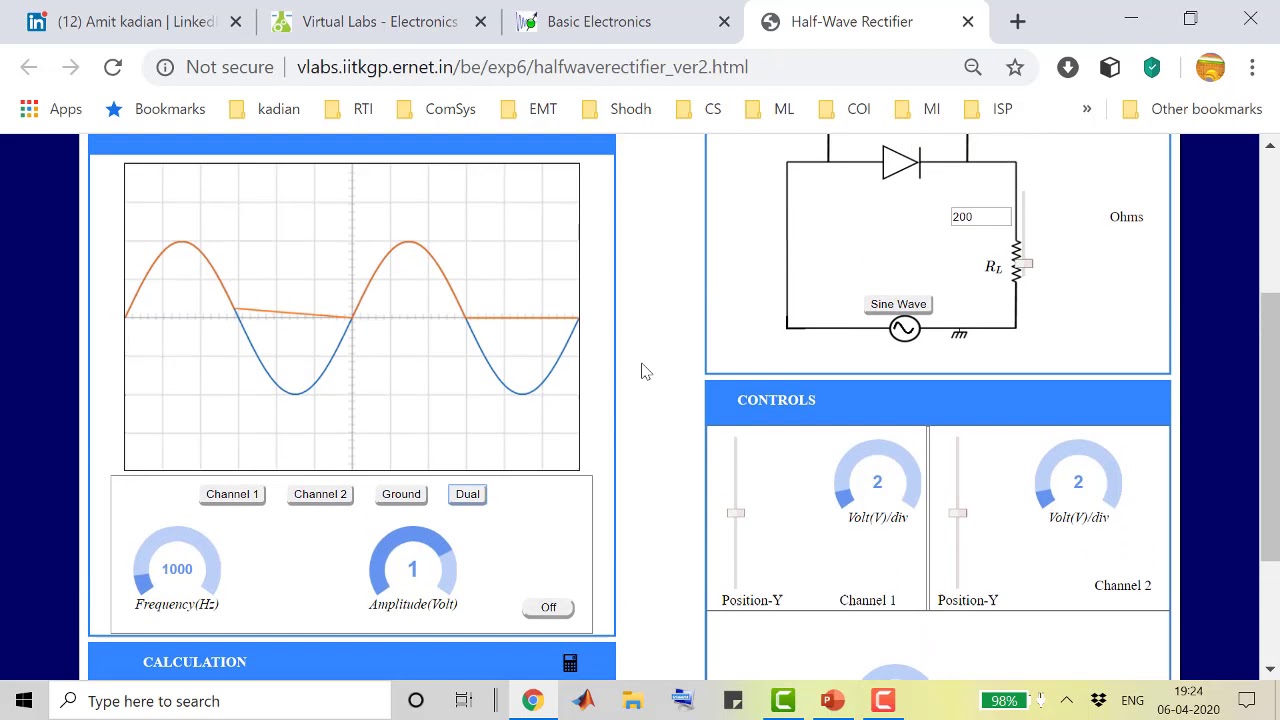 Half-wave Rectifier experiment using Virtual Labs