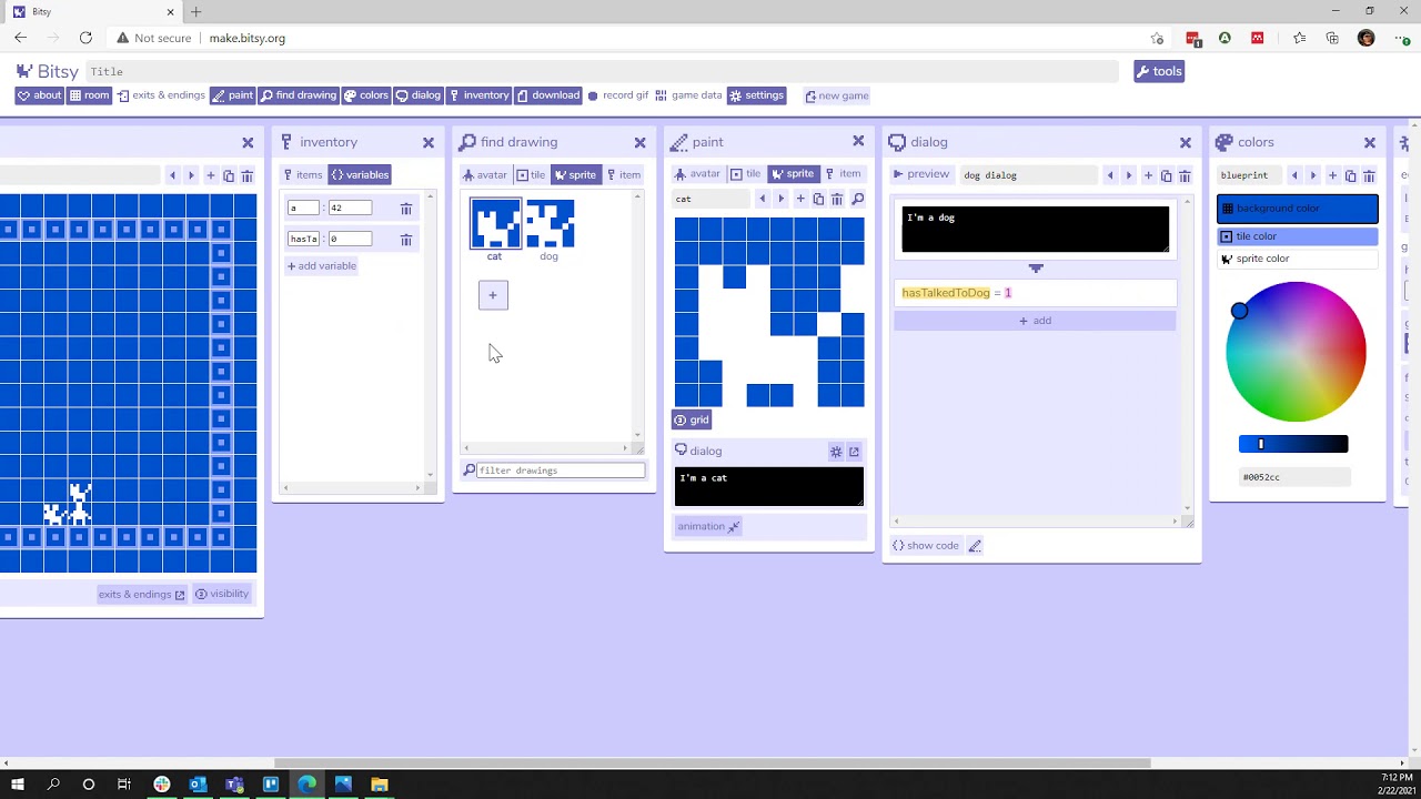 Bitsy conditional dialog tutorial with variables