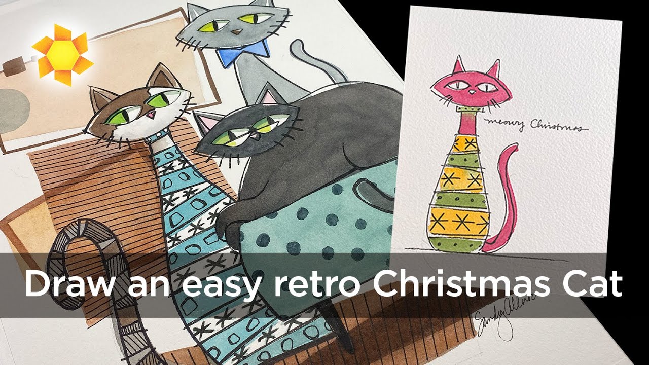 How to draw a retro (Christmas) cat (card and a painting)