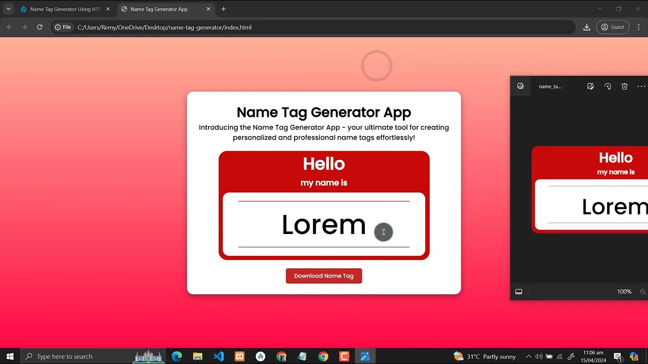 Name Tag Generator Using HTML, CSS and JavaScript with Source Code