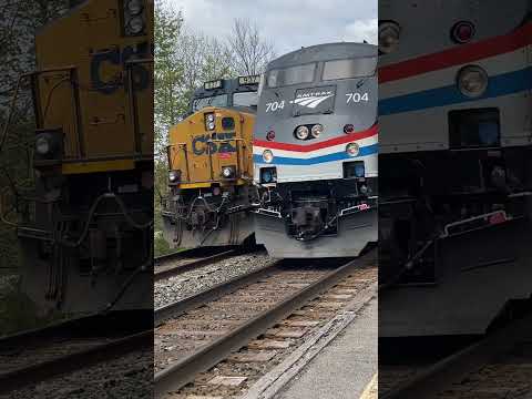Amtrak going by a sitting CSX train