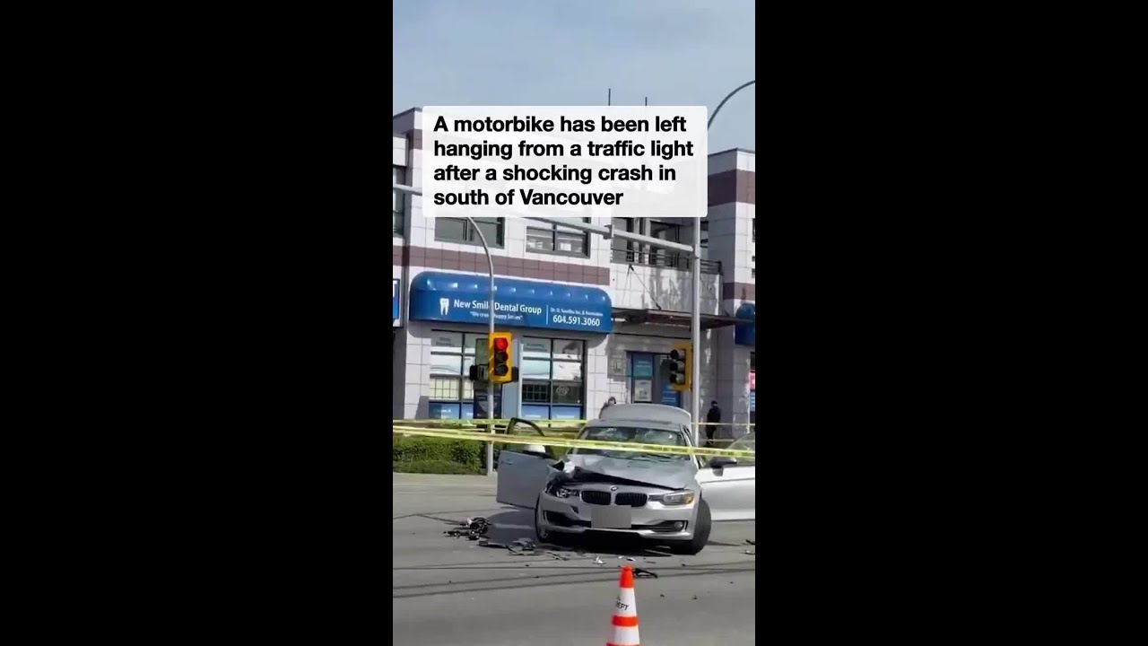 Motorbike left dangling from a traffic light after horrific collision
