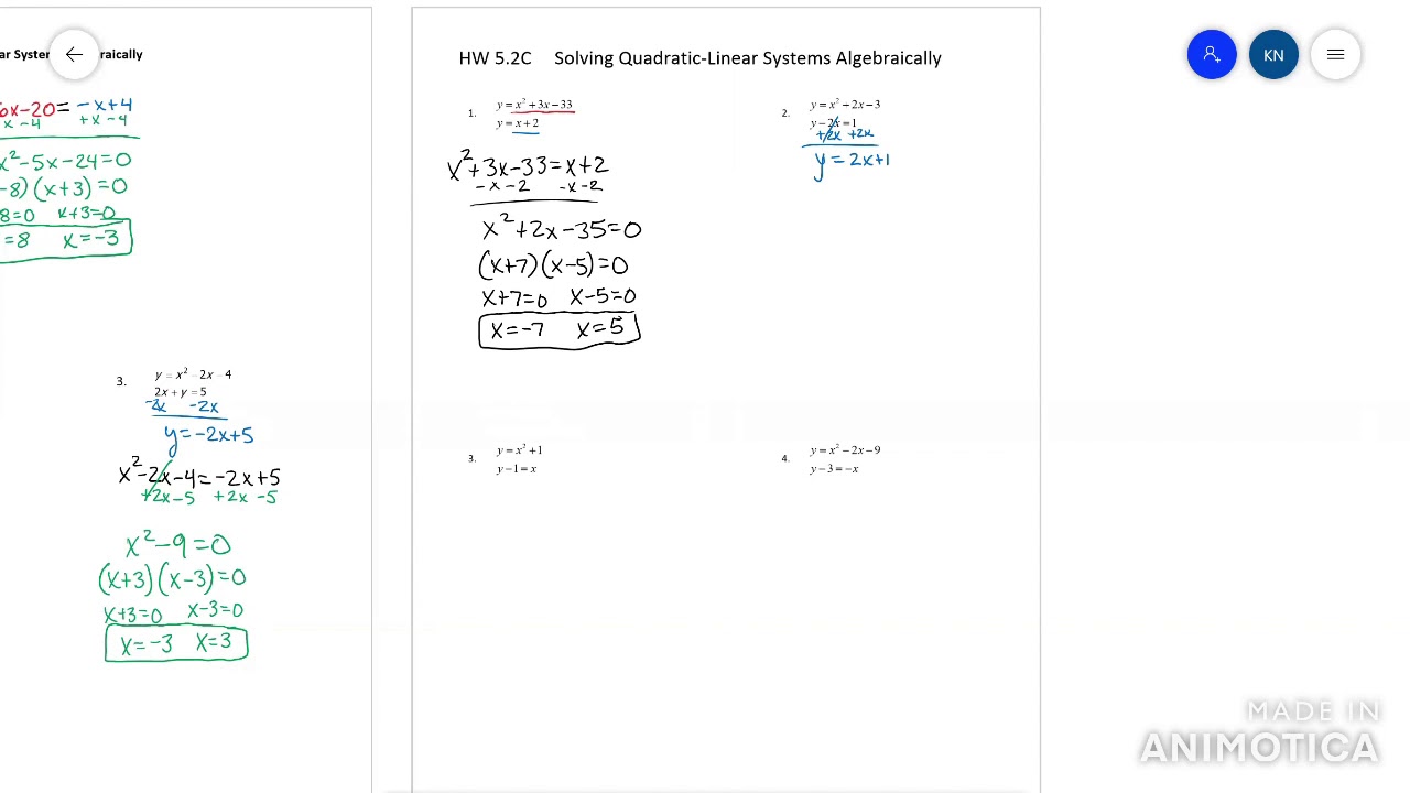 Algebra 2 Linear Quadratic Systems Algebraically