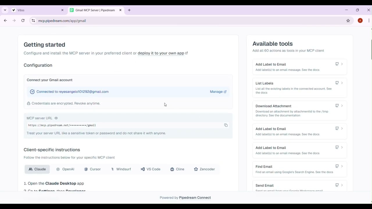 How to generate Pipedream MCP server and connect with Vibss