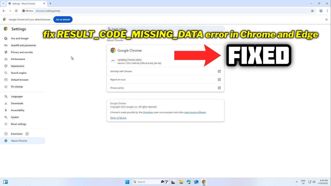 (FIXED) RESULT_CODE_MISSING_DATA error in Chrome and Edge