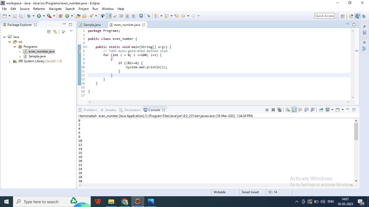 Java Program to print Even Numbers using For Loop