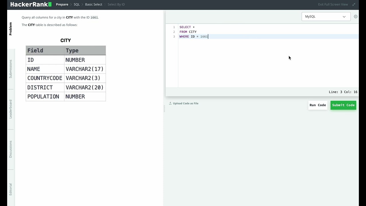 Hackerrank SQL Solution #4 Basic SQL - Select By ID
