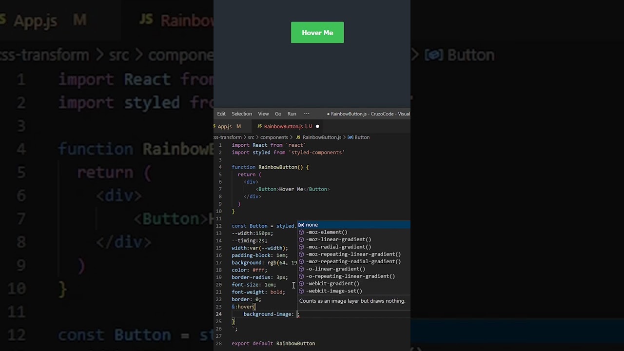 Animated rainbow button created using react styled-components #reactjs #react #styledcomponents #css