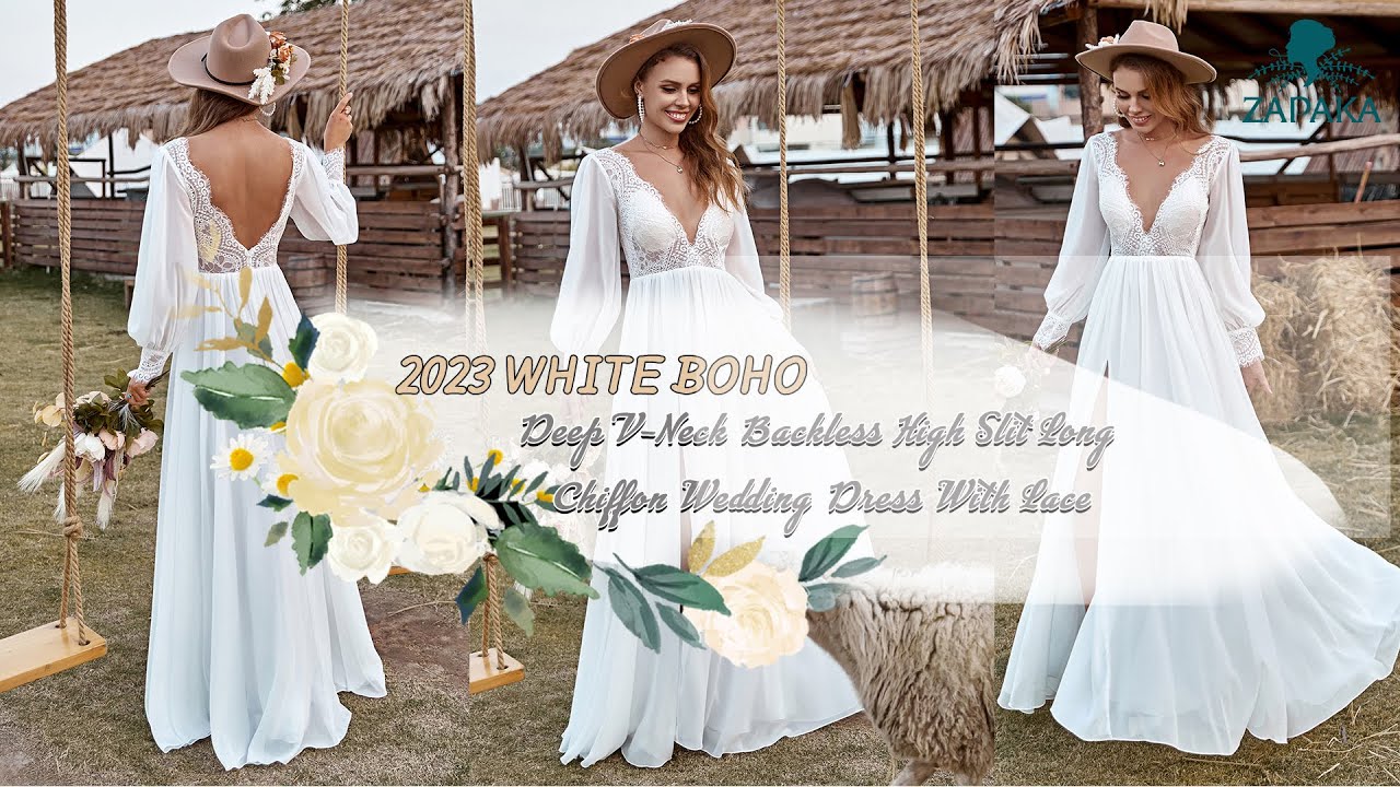 Zapaka Women Boho Wedding Dress Ivory Lace Chiffon V-Neck Long Sleeve Bridal Dress