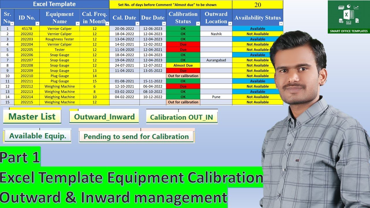 Excel template Equipment calibration, outward & Inward management Part I