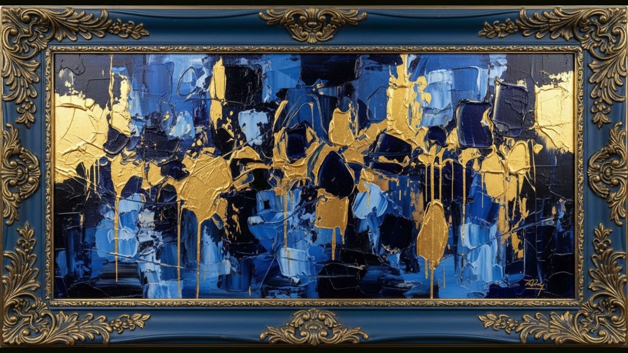 2 Hour Luxury Deep Blue & Gold Abstract Painting in Ornate Carved Frame | Premium 4K Wall Art
