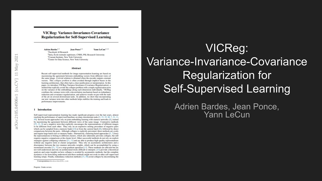 VICReg: Variance-Invariance-Covariance Regularization for Self-Supervised Learning