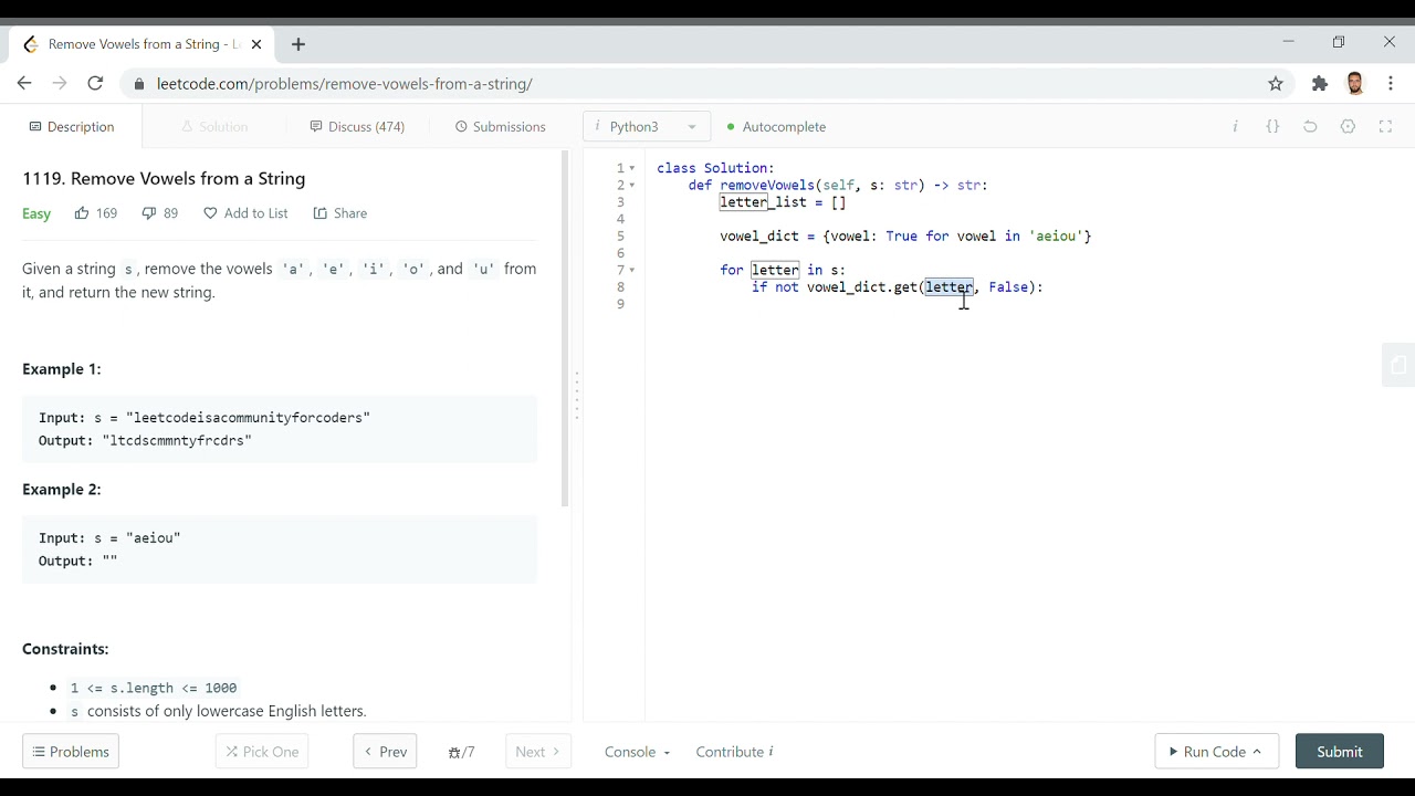 LeetCode 1119: Remove Vowels from a String: Python Easy