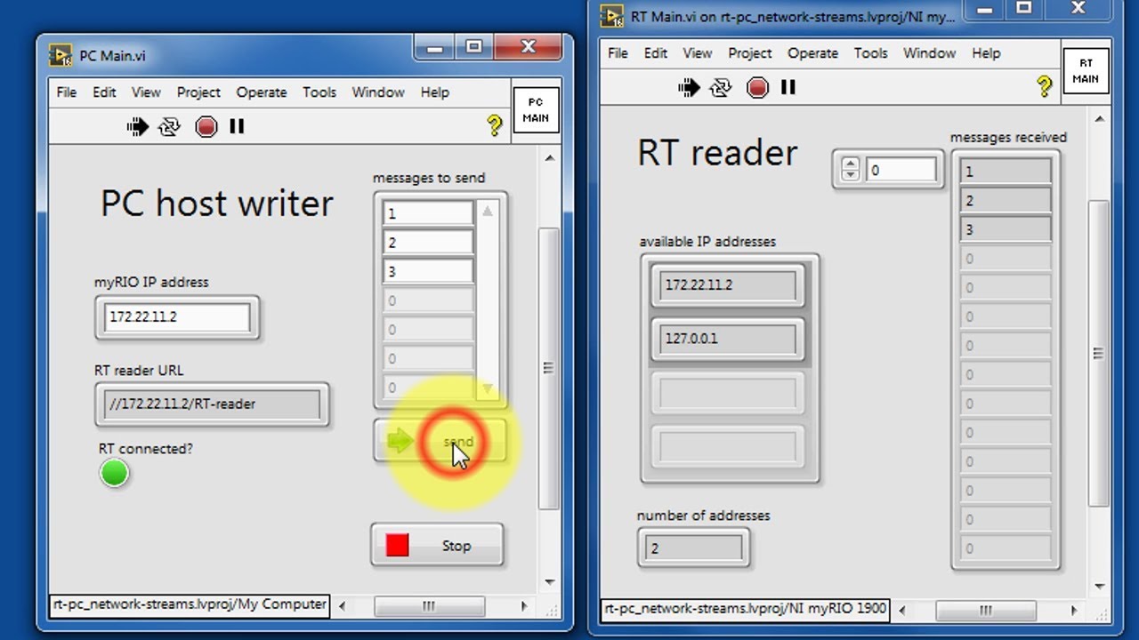 LabVIEW code: Send messages through a network stream channel (expected results)