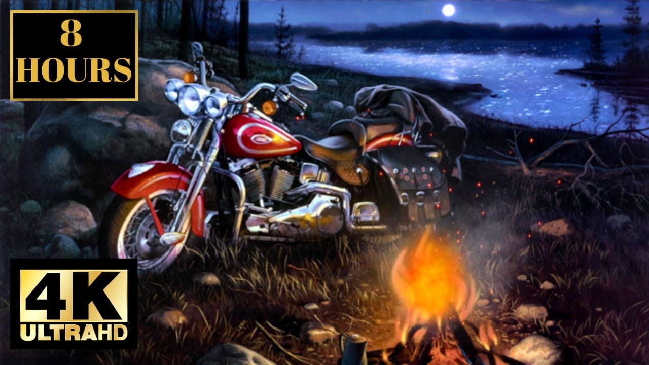 Harley Davidson Motorcycle Fire Moon Water Wallpaper Screensaver Background 4K 8 HOURS With Music