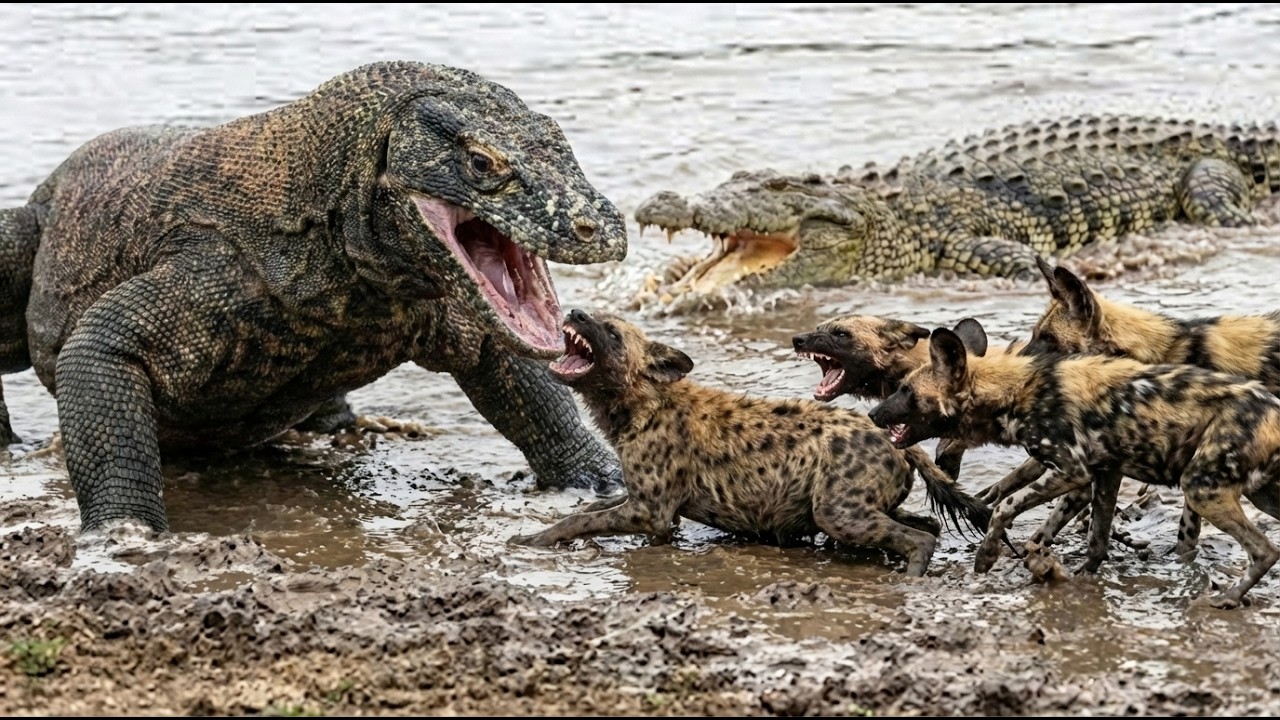 Komodo Dragon Faces a Wild Dog Pack: Predator Analysis Simulation