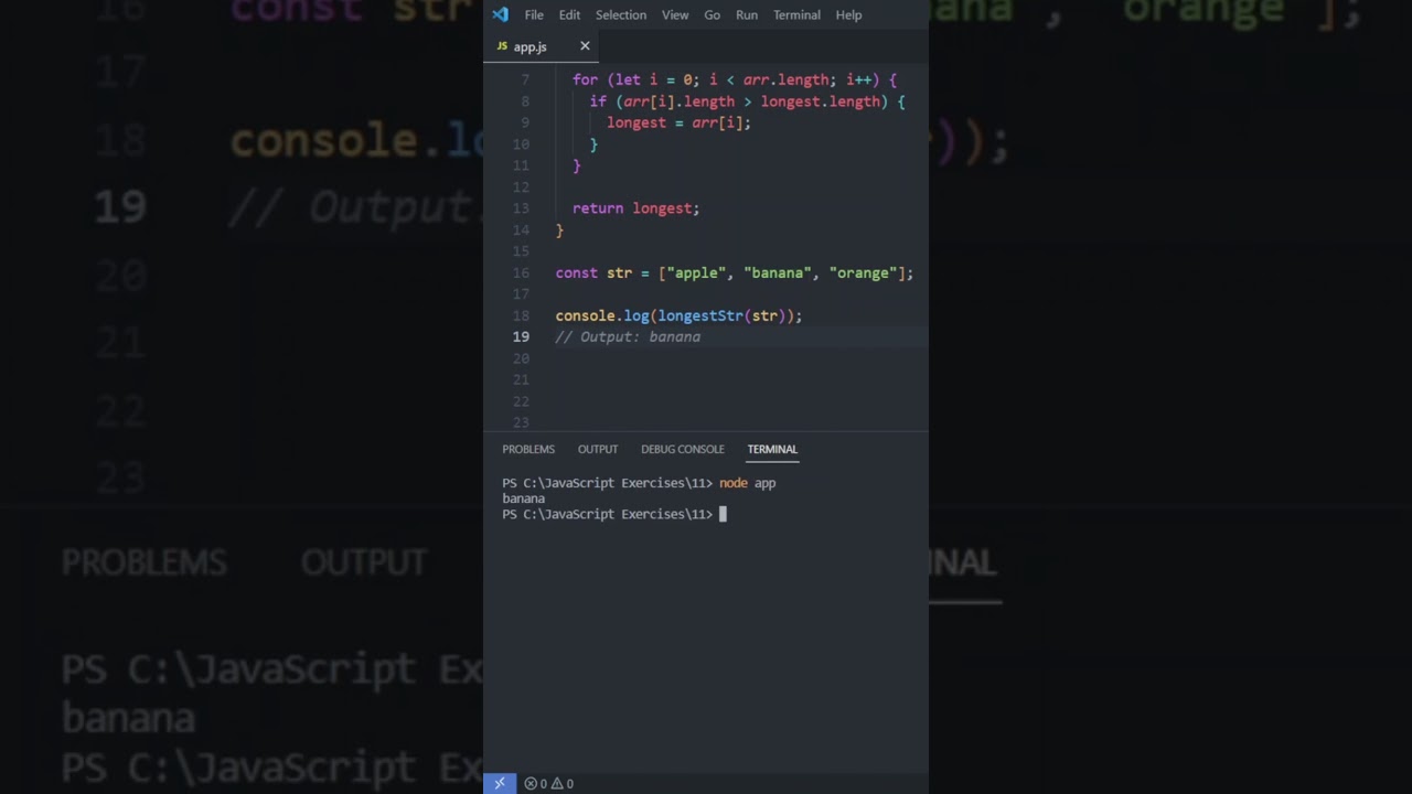 Write a function that returns the longest string in the given array of strings | JS Exercise 11