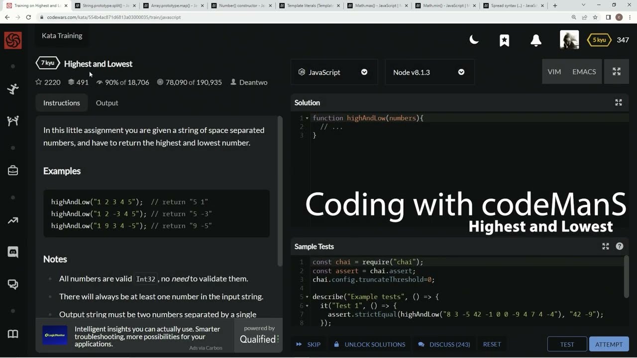 (Archived) Codewars 7 kyu Highest and Lowest JavaScript