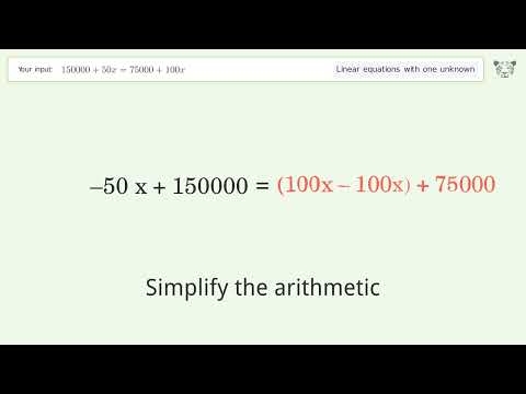 Linear equation with one unknown: Solve 150000+50*x=75000+100*x step-by-step solution