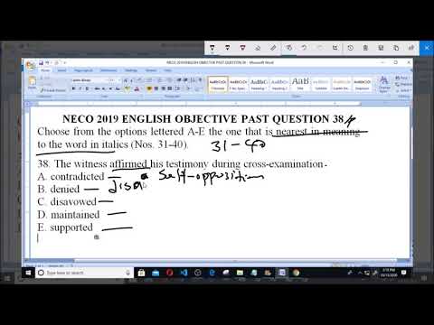 NECO 2019 ENGLISH OBJECTIVE PAST QUESTION 38 SYNONYMS