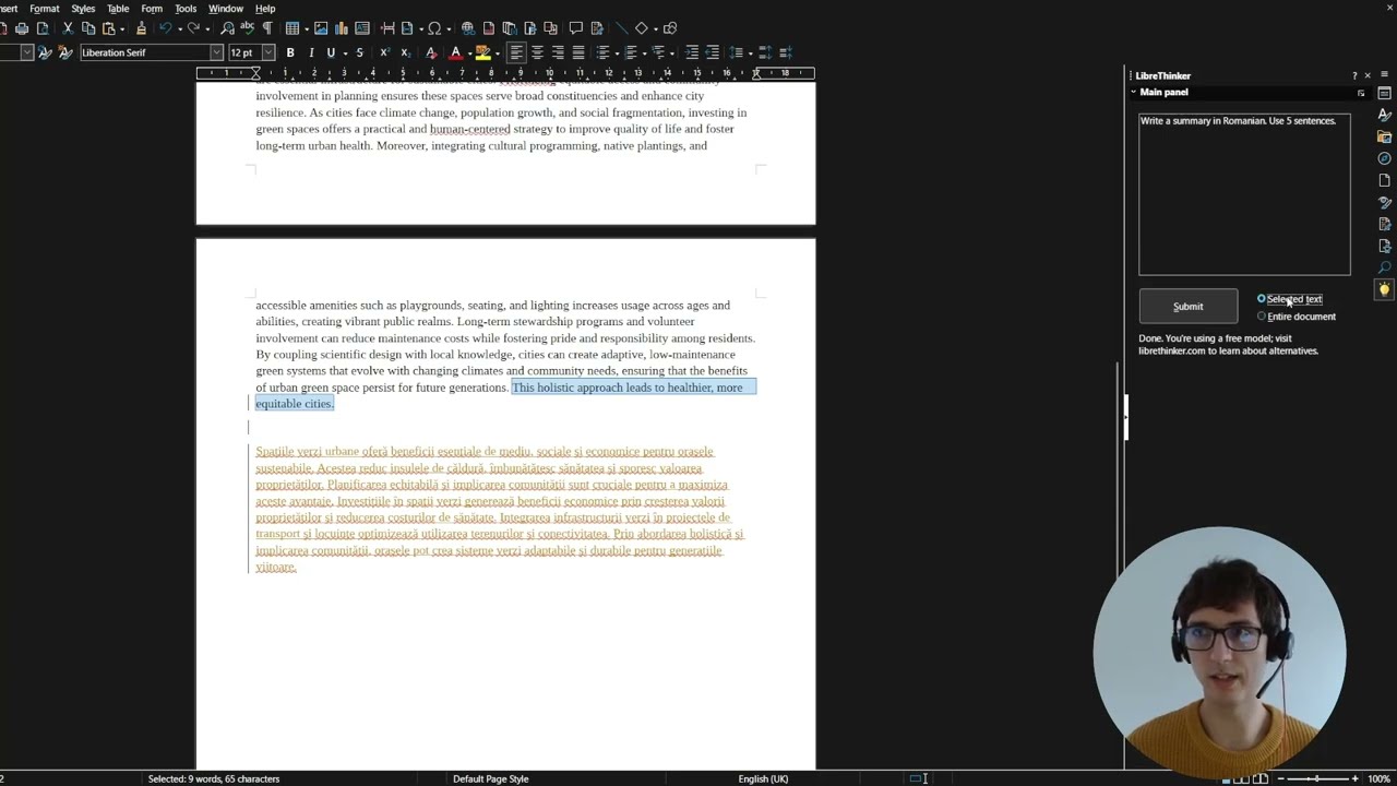 Free AI for LibreOffice Writer via ChatGPT-style writing assistant (LibreThinker demo)
