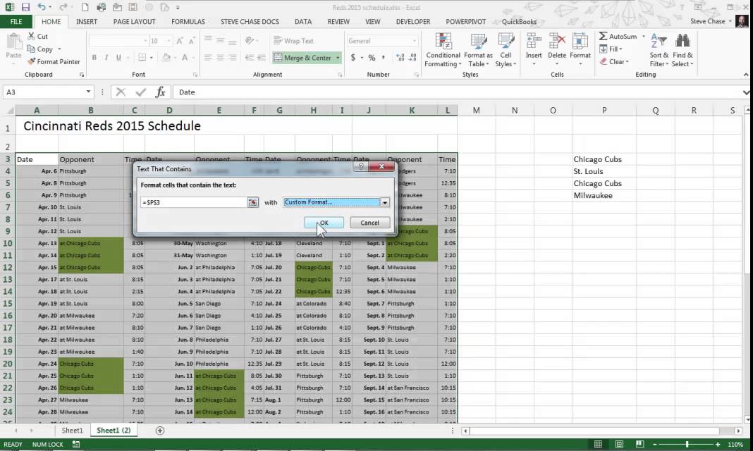 Use Conditional Formatting in Excel with Baseball Schedules